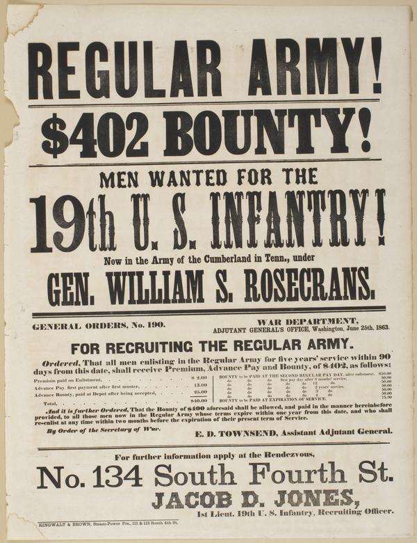 Regular Army! $402 bounty! Men wanted for the 19th U.S. Infantry! : now ...